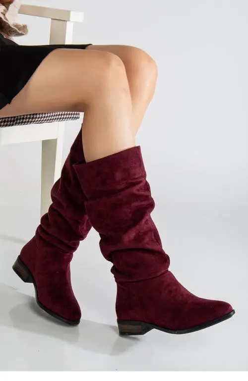 FOREVER & ALWAYS SHOES Maribel Knee High Slouch Boots - Burgundy Suede