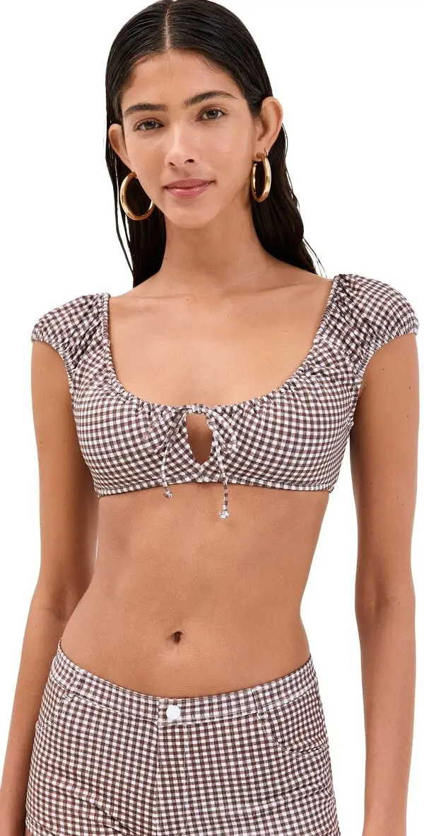 Staud Jupiter Bikini Top - Dark Chocolate Micro Check