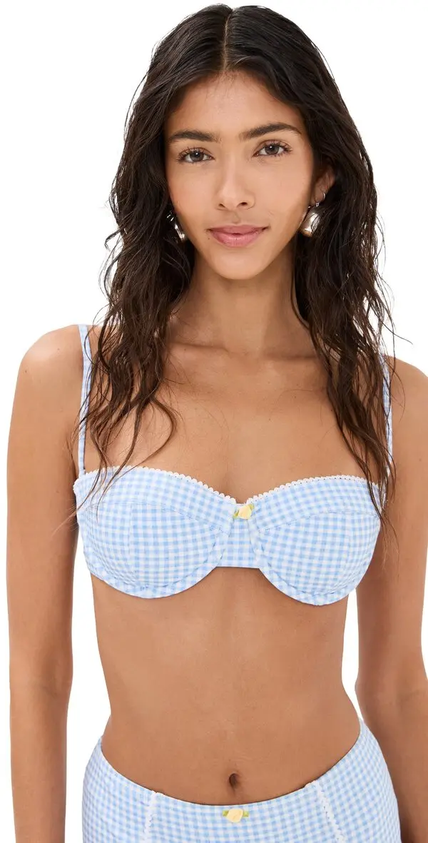 Staud Jo Balconette Bikini Top - Sky Micro Check