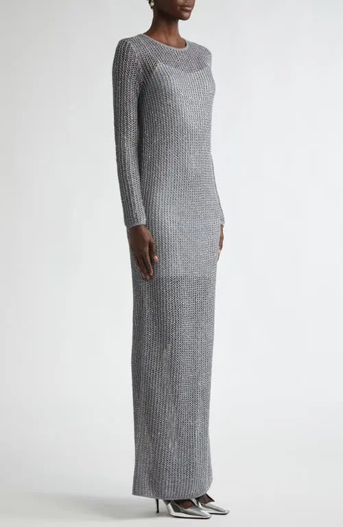 St. John Sequin Mesh Knit Gown - Silver