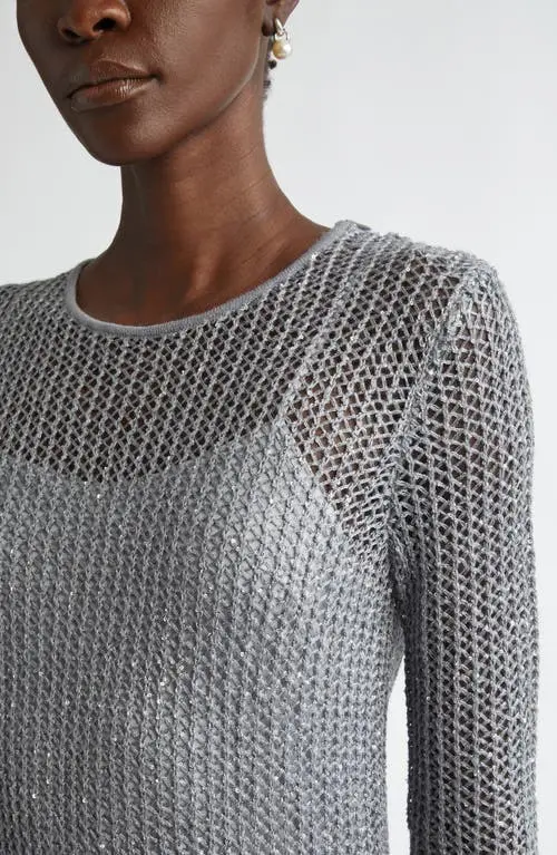St. John Sequin Mesh Knit Gown - Silver