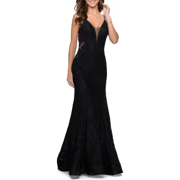 La Femme Long Mermaid Lace Dress - Red