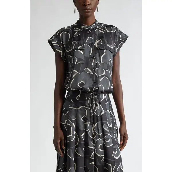 St. John Cubist Floral Cap-sleeve Top