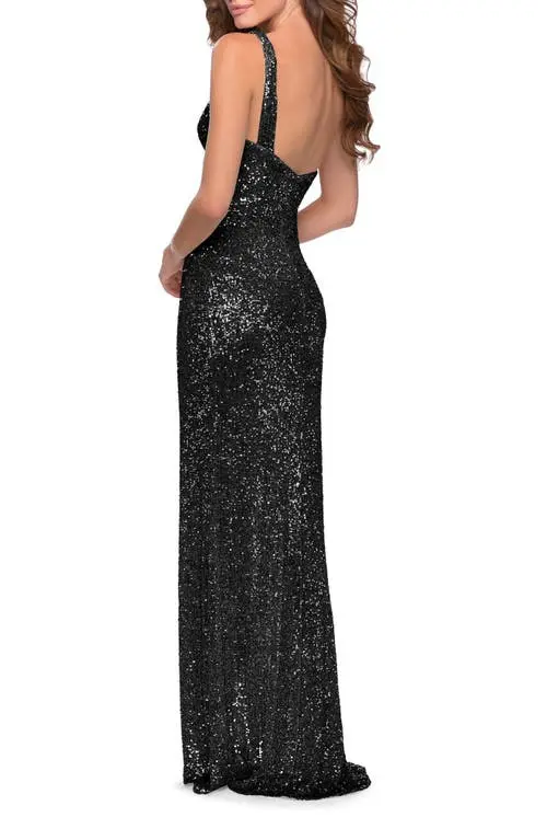 La Femme Sequin One Shoulder Gown - Black