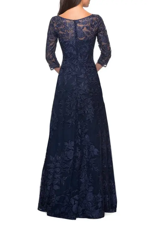 La Femme Lace A-line Gown - Navy