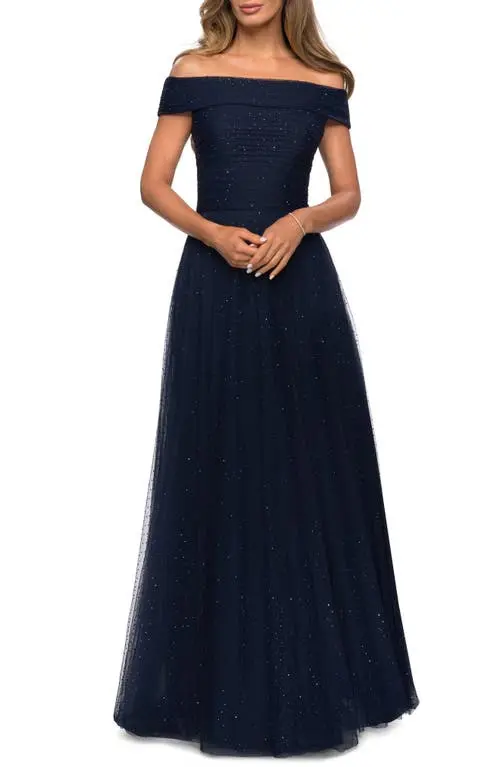 La Femme Tulle Rhinestone A-line Gown - Navy