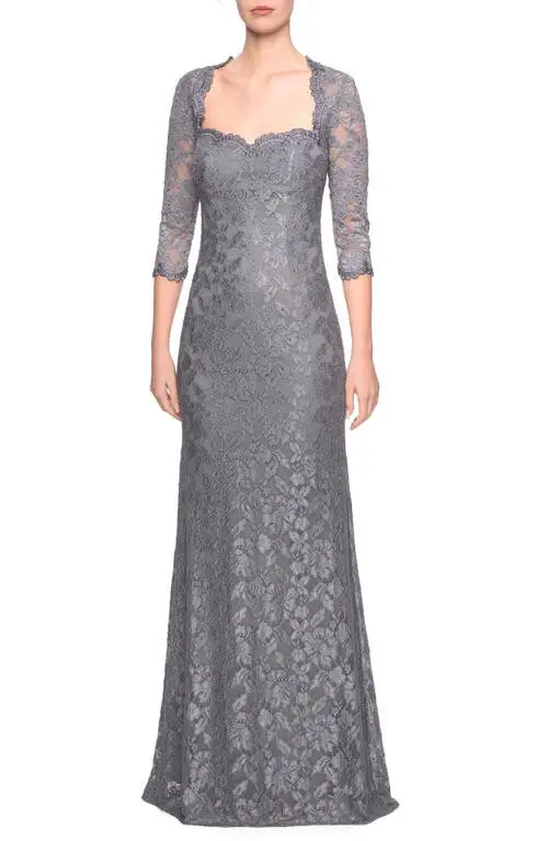 La Femme Long Lace Gown With Sweetheart Neckline - Platinum