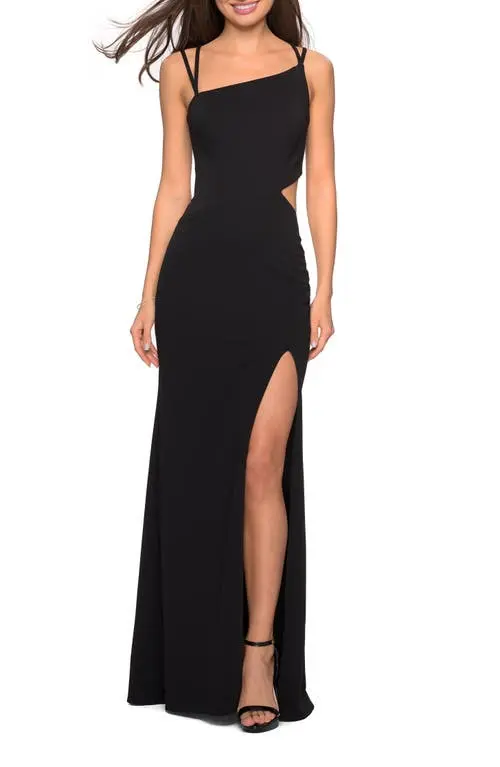 La Femme Asymmetrical Jersey Prom Dress - Black