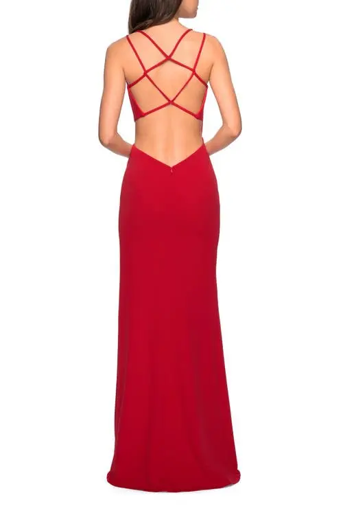 La Femme Asymmetrical Jersey Prom Dress - Red