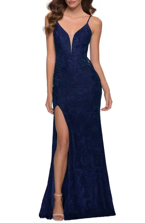 La Femme Long Lace Gown With Rhinestone Detail - Navy