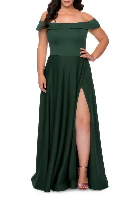 La Femme Off-the-shoulder Column Gown - Emerald
