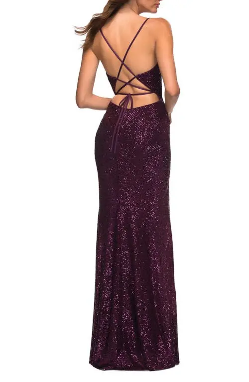 La Femme Sequin Gown With Strappy Open Back - Dark Emerald