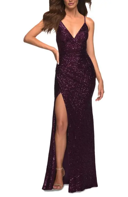 La Femme Sequin Gown With Strappy Open Back - Dark Emerald