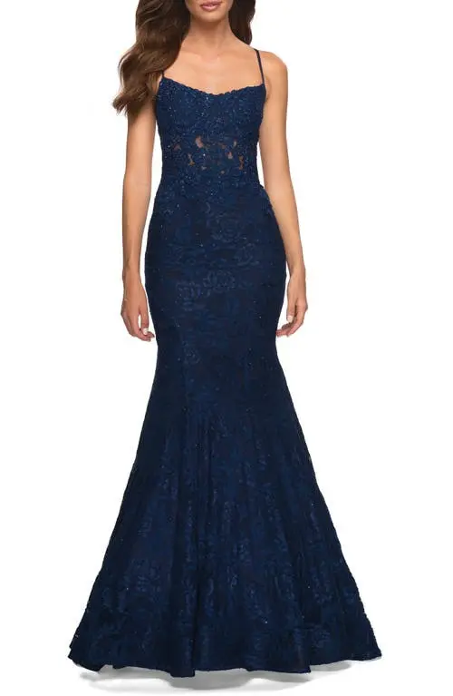 La Femme Mermaid Lace Gown With Sheer Bodice And Open Back - Navy