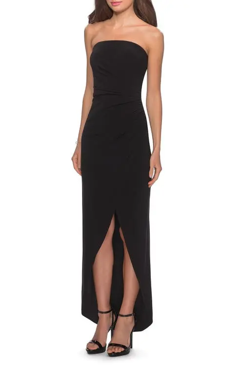 La Femme Long Strapless Jersey Dress - Black