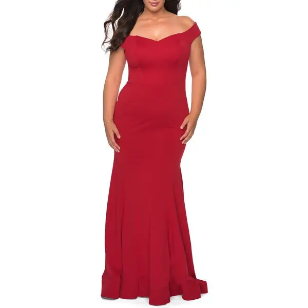 La Femme Off-the-shoulder Jersey Gown - Red