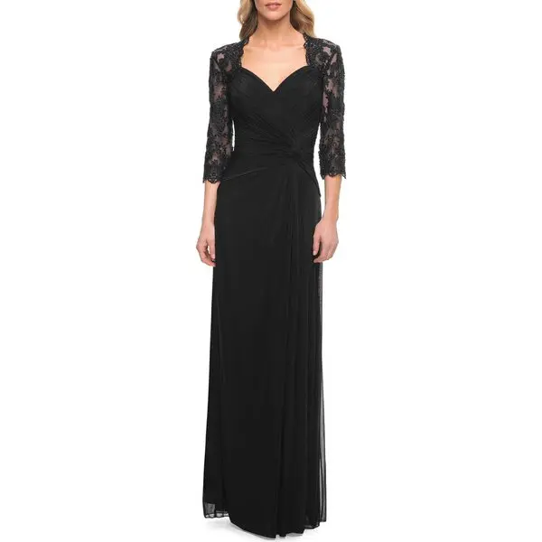 La Femme Jersey Gown With Lace Sleeves - Black