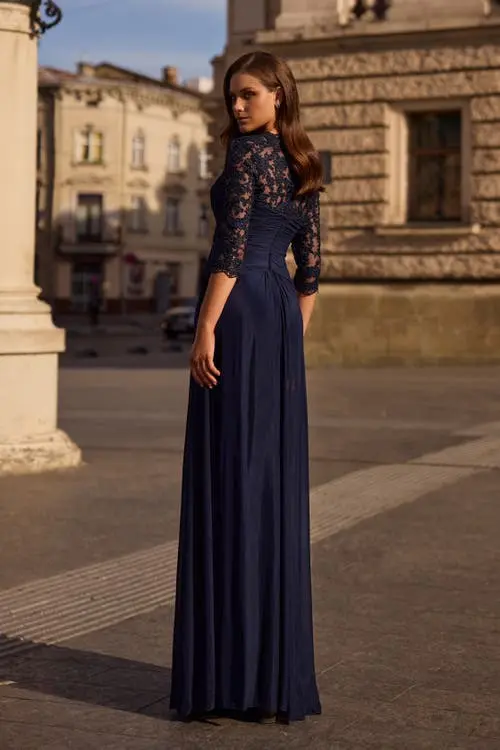 La Femme Jersey Gown With Lace Sleeves - Navy