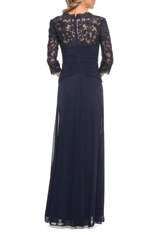 La Femme Jersey Gown With Lace Sleeves - Navy