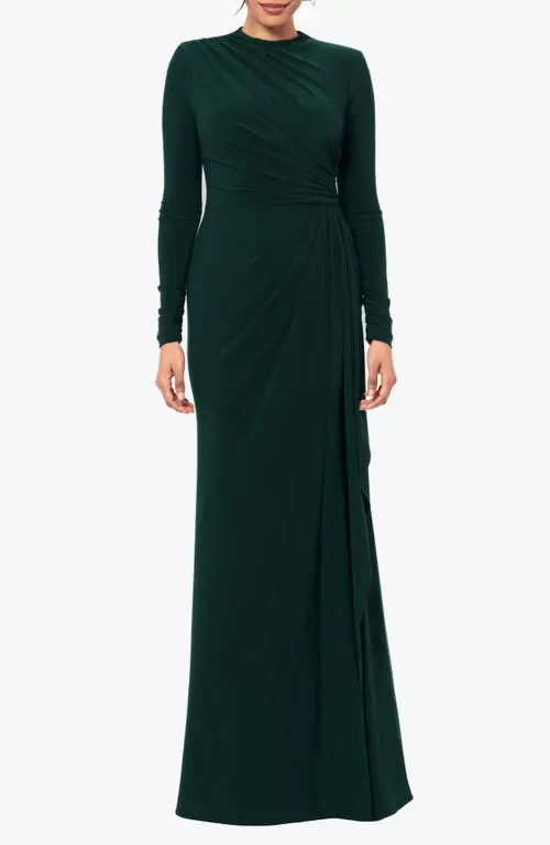 Betsy & Adam Side Ruffle Long Sleeve Gown - Forest