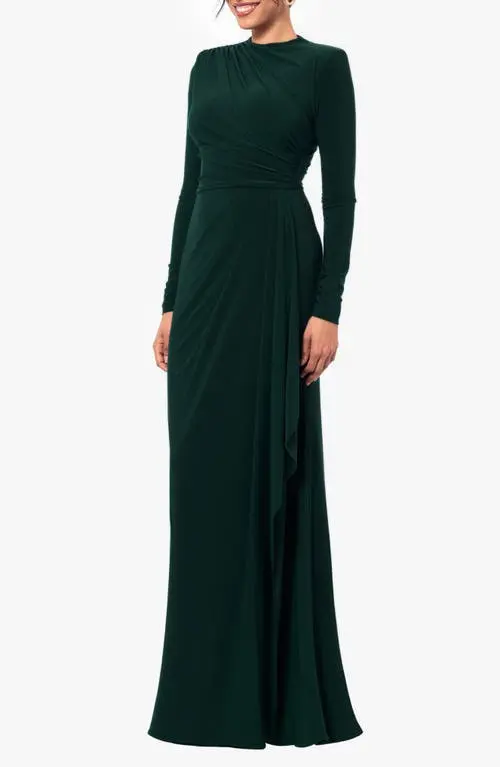 Betsy & Adam Side Ruffle Long Sleeve Gown - Forest