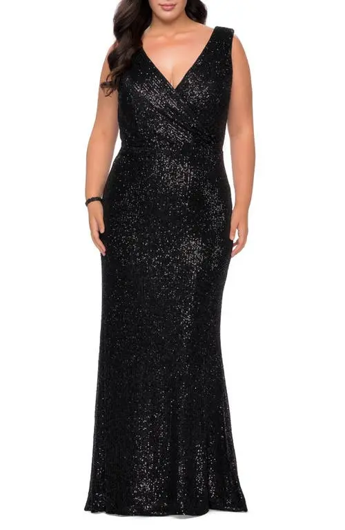 La Femme Long Sequin Gown - Black