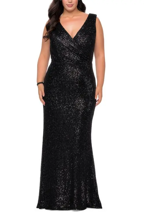 La Femme Long Sequin Gown - Black