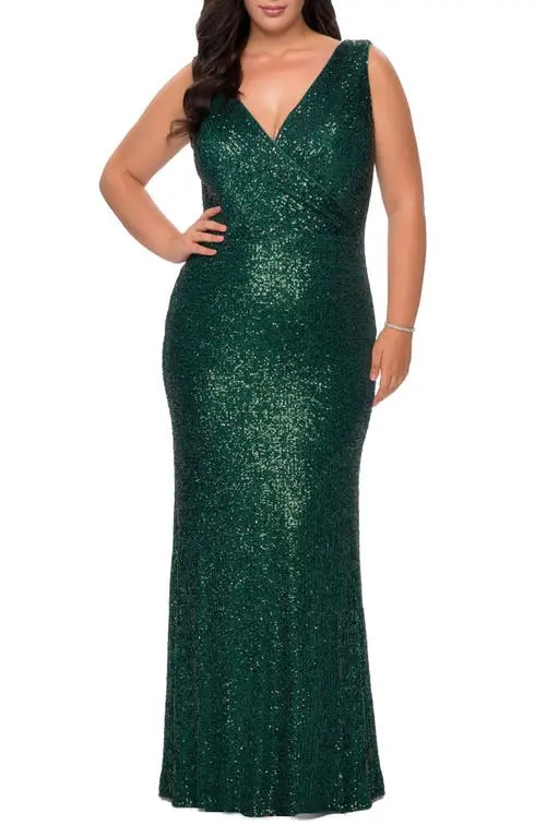 La Femme Long Sequin Gown - Emerald