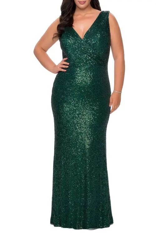 La Femme Long Sequin Gown - Emerald