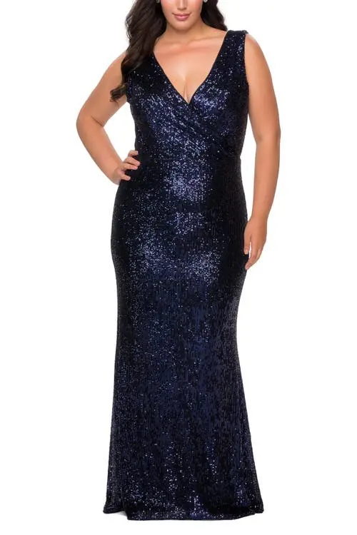 La Femme Long Sequin Gown - Navy