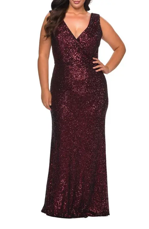 La Femme Long Sequin Gown - Wine