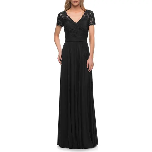 La Femme Jersey Evening Dress With Lace Sleeves - Black