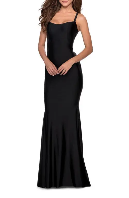 La Femme Form Fitting Gown With Lace-up Back - Black
