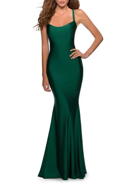 La Femme Form Fitting Gown With Lace-up Back - Emerald
