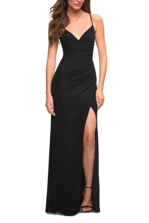 La Femme Net Jersey Gown With Lace-up Back - Black