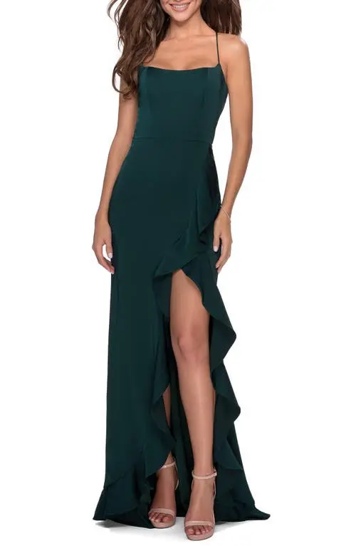 La Femme Ruffle Prom Dress With Lace Up Back - Emerald