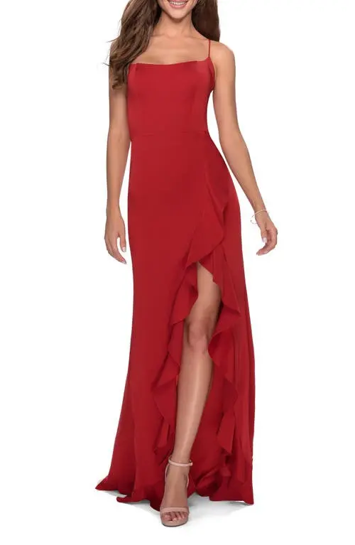 La Femme Ruffle Prom Dress With Lace Up Back - Red