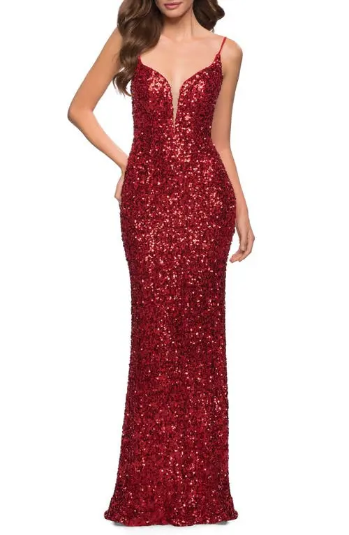 La Femme Sequin Gown With Open Back - Red