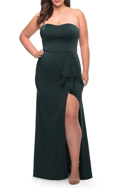 La Femme Strapless Column Gown With Ruffle Slit Detail - Dark Emerald