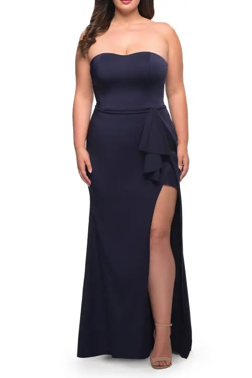 La Femme Strapless Column Gown With Ruffle Slit Detail - Navy