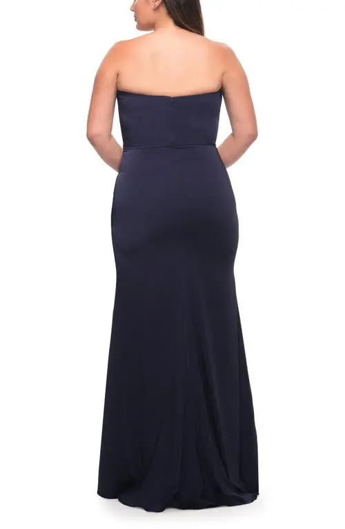 La Femme Strapless Column Gown With Ruffle Slit Detail - Navy