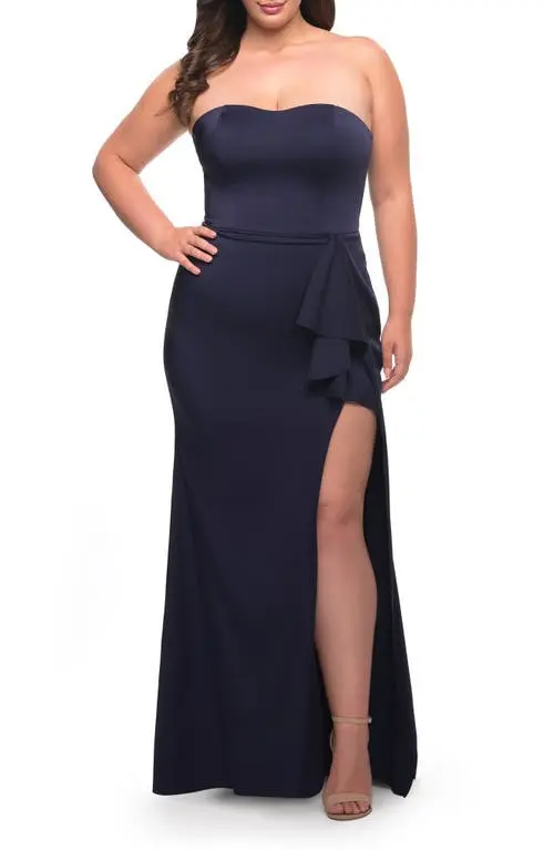 La Femme Strapless Column Gown With Ruffle Slit Detail - Navy