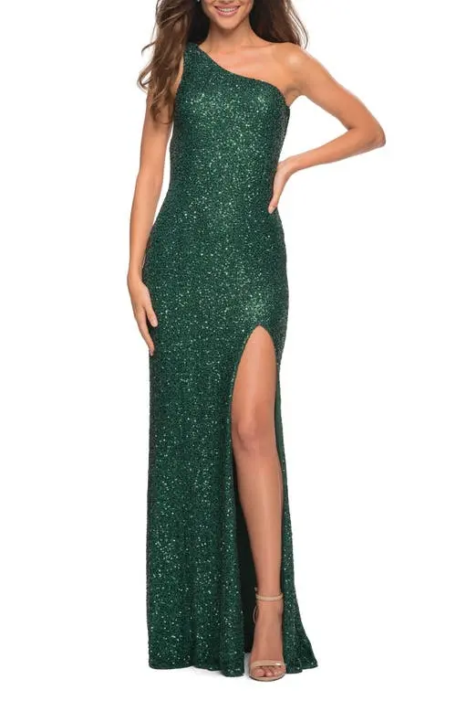 La Femme One Shoulder Sequined Gown With Slit - Emerald