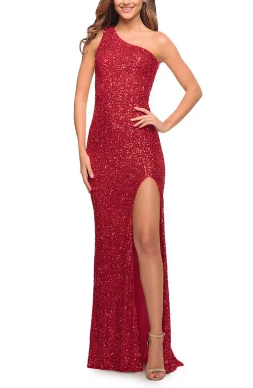 La Femme One Shoulder Sequined Gown With Slit - Red