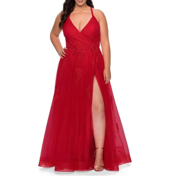 La Femme A-line Tulle Gown With Floral Detailing - Red