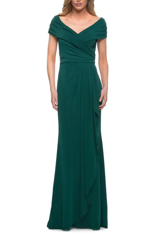 La Femme Ruched Jersey Long Gown With V-neckline - Emerald