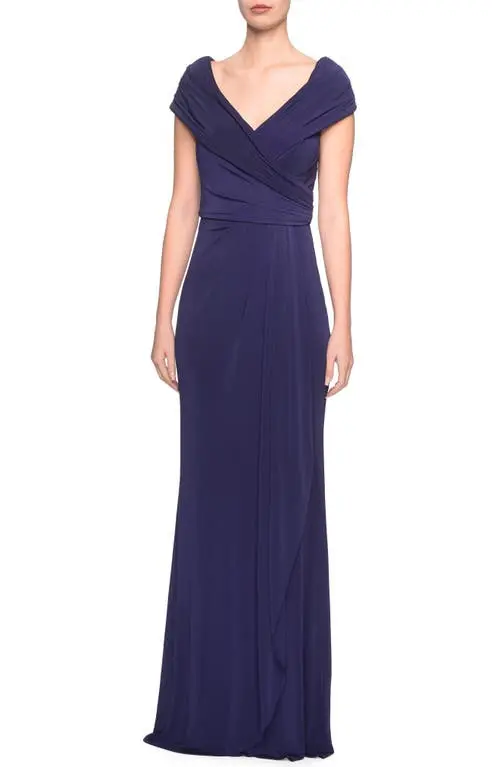 La Femme Ruched Jersey Long Gown With V-neckline - Navy