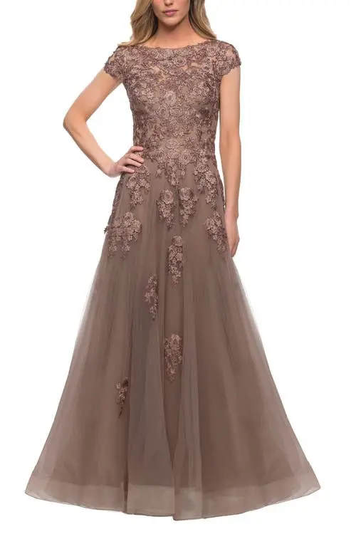 La Femme Long Tulle Gown With Lace Detailing - Cocoa