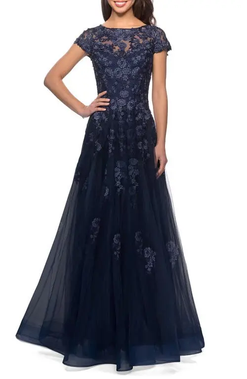 La Femme Long Tulle Gown With Lace Detailing - Navy
