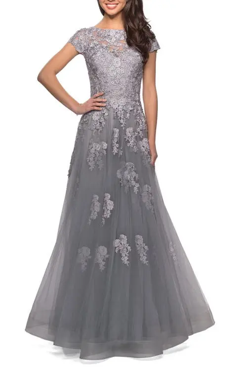 La Femme Long Tulle Gown With Lace Detailing - Silver